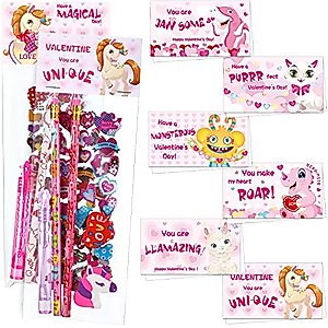 48 Pack Valentine's Day Stationery Favor Bags Self-adhesive Cellophane Plastic Cello Present Bags with Cute Bag Toppers for Kids Valentine Party Classroom Exchange Presents Party Wrapping Supplies
