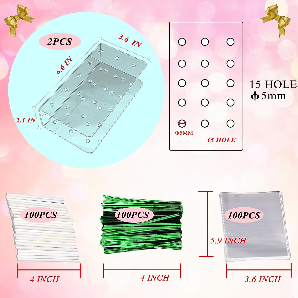 Aongch 2PCS Cake Pop Display Stand with 300 PCS Cake Pop Sticks and Wrappers Kit, 15 Hole Clear Acrylic Lollipop Holder for Weddings Birthday Parties Anniversaries Halloween Candy Green