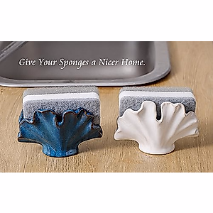 Uiddo Ceramic Sponge Holder， Sponge Holder for Kitchen Sink,Compact Sink Caddy Organizer - Scouring Pad and Dish Sponge Holder, Farmhouse Kitchen Decor and Cute Kitchen Gadgets and Accessories (White)