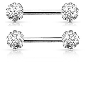 14GA Stainless Steel Crystal Paved Ferido Balls Nipple Barbells, Sold as a Pair (Clear)