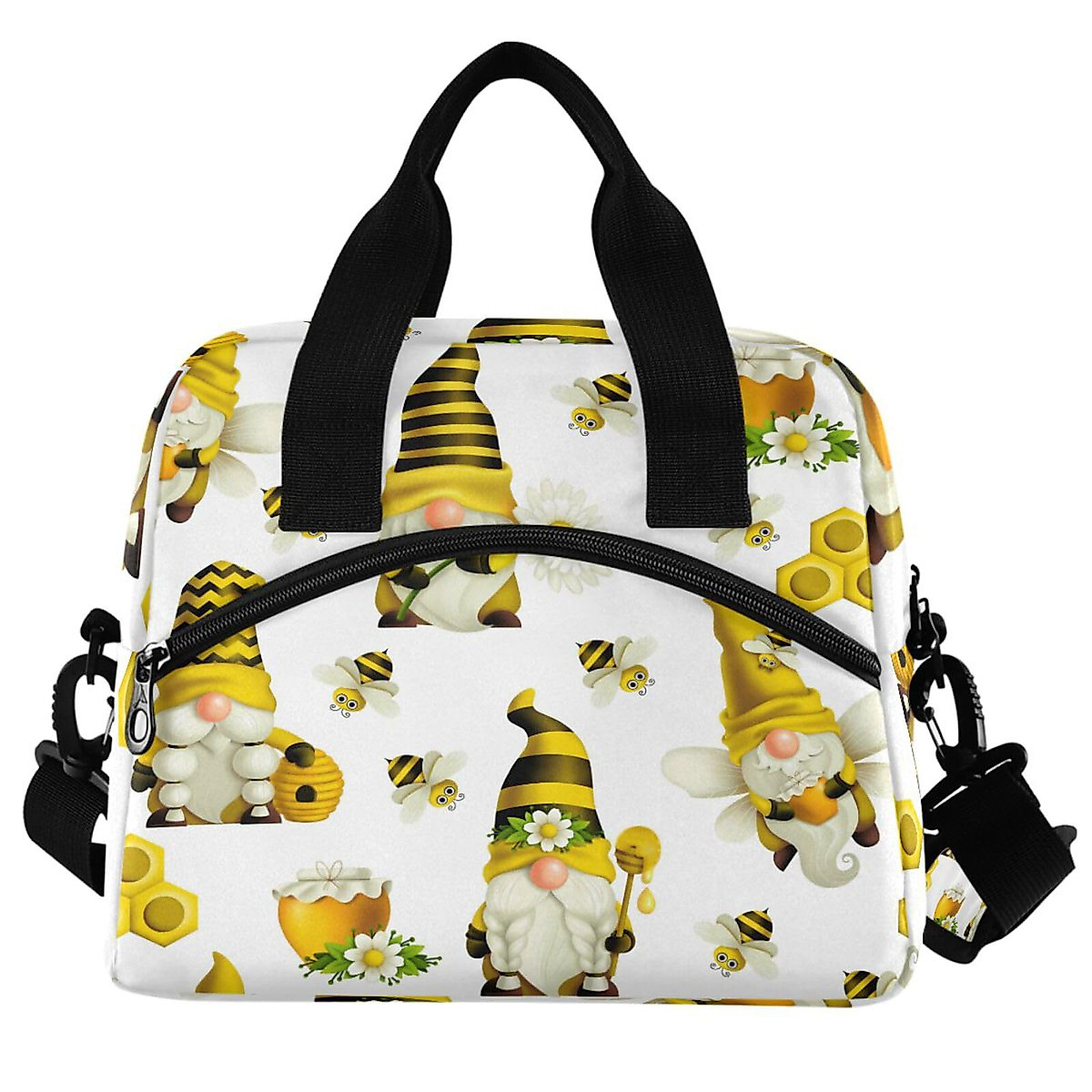 Oarencol Gnome Bees Honey Insulated Lunch Tote Bag Reusable Cooler Lunch Box with Shoulder Strap for Work Picnic School Beach