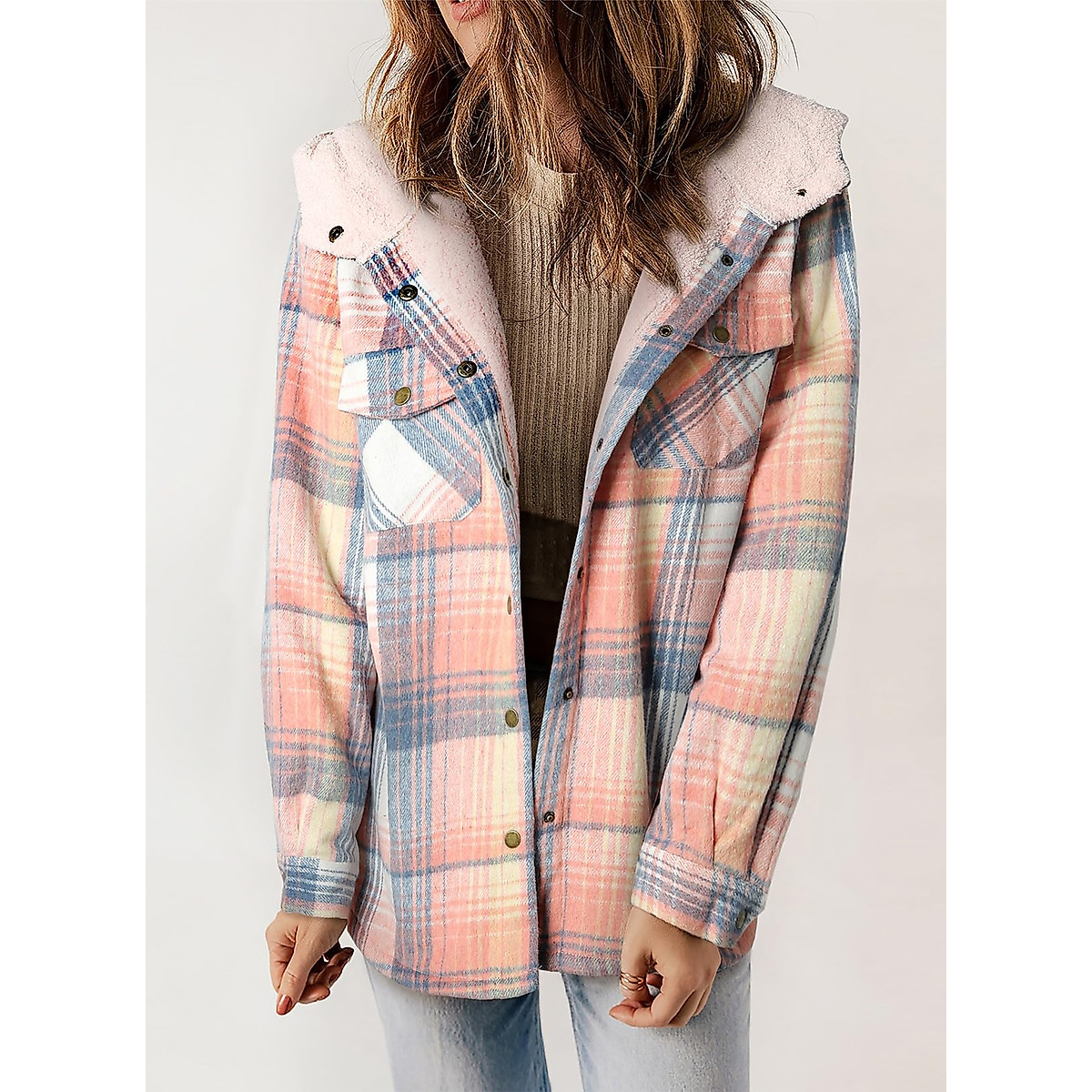 Dokotoo Fashion 2024 Winter Womens Ladies Plaid Shacket Jacket Women Sherpa Lined Fleece Fur Hooded Button Down Long sleeve Flannel Shirts Fluffy Warm Thick Oversized Outwear Coat with Pockets Pink M