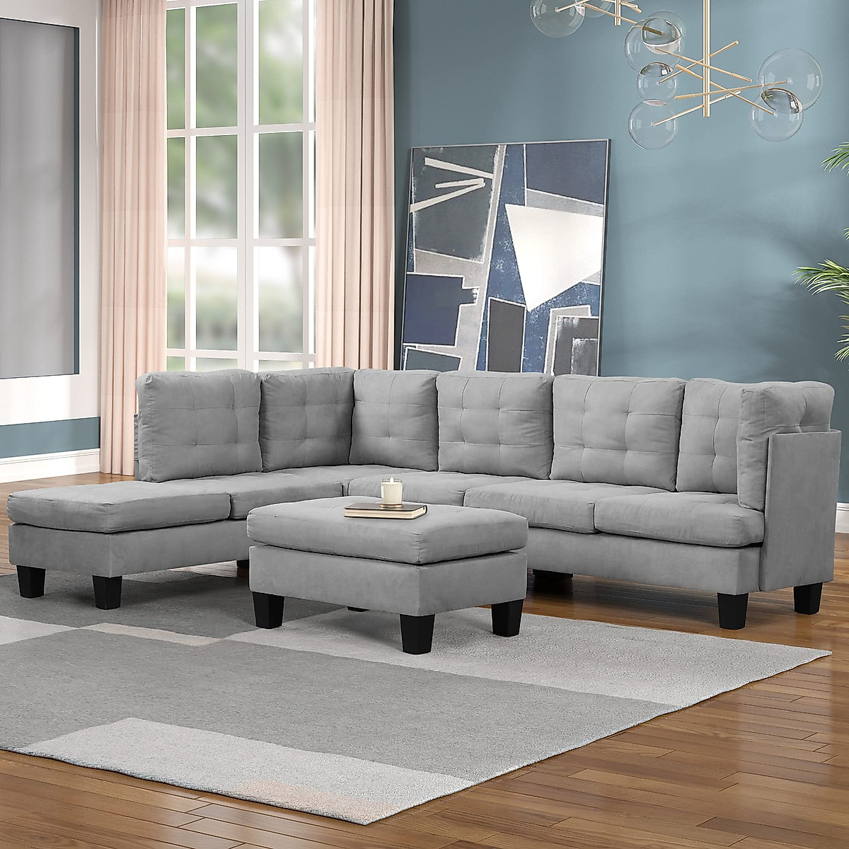 Casa Andrea Milano 3 Piece Modern Tufted Micro Suede L Shaped Sectional Sofa Couch with Reversible Chaise & Ottoman, Large