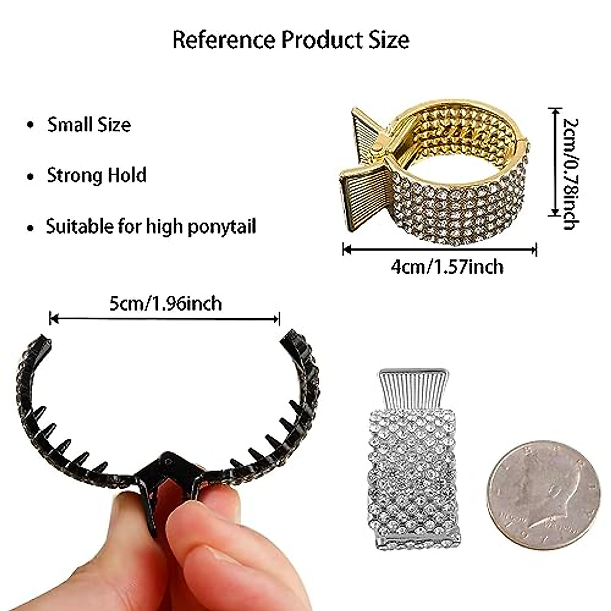 3 Pack Small Hair Clips for High Ponytail, Nonslip Metal Rhinestone Hairclips, Ponytail Holder, High Ponytail Claw Clip, Decorative Hairpins, Hair Accessories for Women and Girls