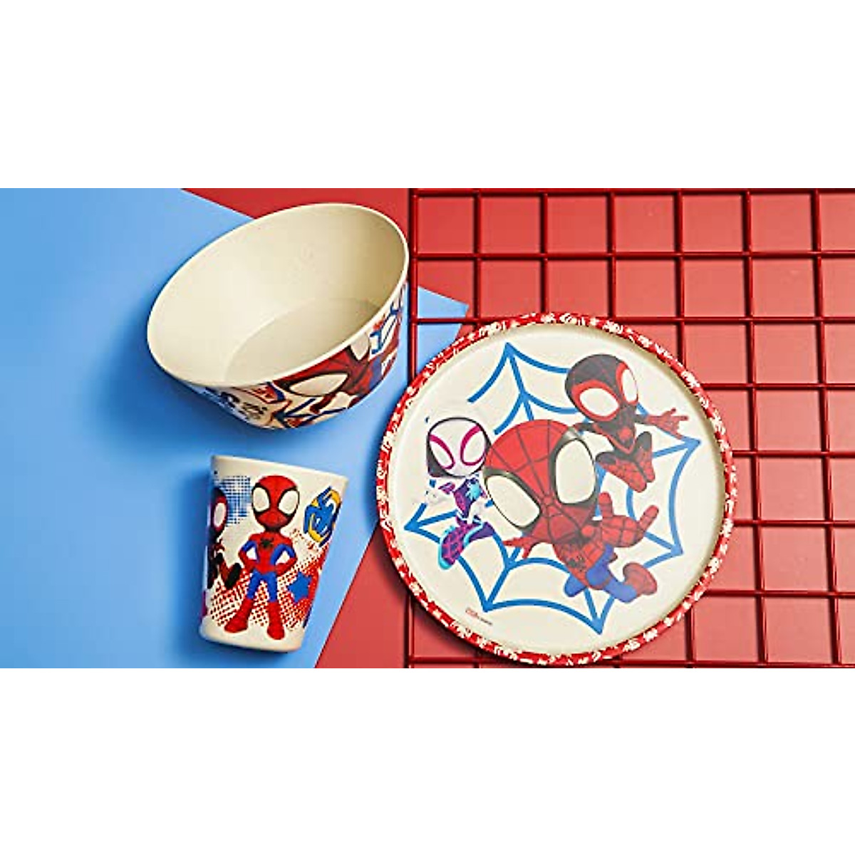 Zak Designs Marvel Spider-Man Dinnerware Set for Kids Includes 8" Plate, 6" Bowl, and 10oz Tumbler, Durable and Sustainable Melamine Bamboo Material (3-Piece Set, Spidey and His Amazing Friends)