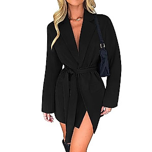 ZESICA Women's 2023 Blazers Long Sleeve Lapel Open Front Oversized Business Work Office Jackets Blazer with Belt,Black,Medium