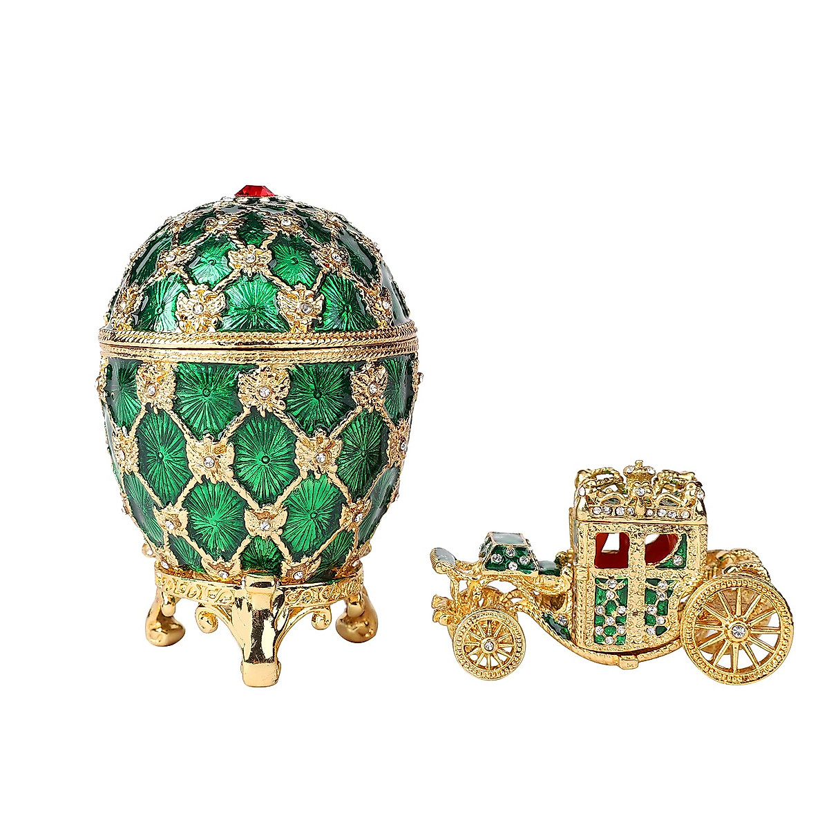 QIFU Vintage Green Faberge Egg Style Jewelry Trinket Box with Mini Royal Carriage, Unique Gift for Easter Collection
