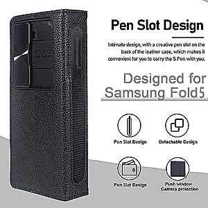 KUGEW for Samsung Galaxy Z Fold 5 Case with S Pen Holder & Camera Cover, Luxury Leather Wallet Phone Cover Built-in S Pen Slot Kickstand Function Card Holder Hinge Protection Shockproof (Black)
