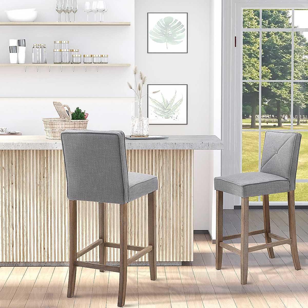 HOMCOM Modern Bar Stools Set of 2, Upholstered Bar Height Kitchen Stools with Build-in Footrest, Solid Wood Legs, Gray
