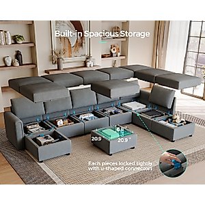 LINSY HOME Modular Sectional Sofa, Oversized Sectional Couch with Storage, Ottomans, Modular Sectional Sleeper Sofa with Memory Foam, 9 Seat U Shape Sofa Set for Living Room, Dark Grey
