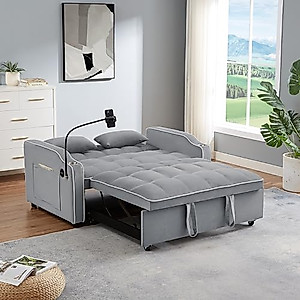 ERYE Modern Convertible Futon Loveseat Sofa with Pull Out Sleeper Couch Bed, Upholstered 2 Seaters Adjustable Backrest Love Seat W/Cupholders,USB Port & Phone Holder for Apartment Office Living Room