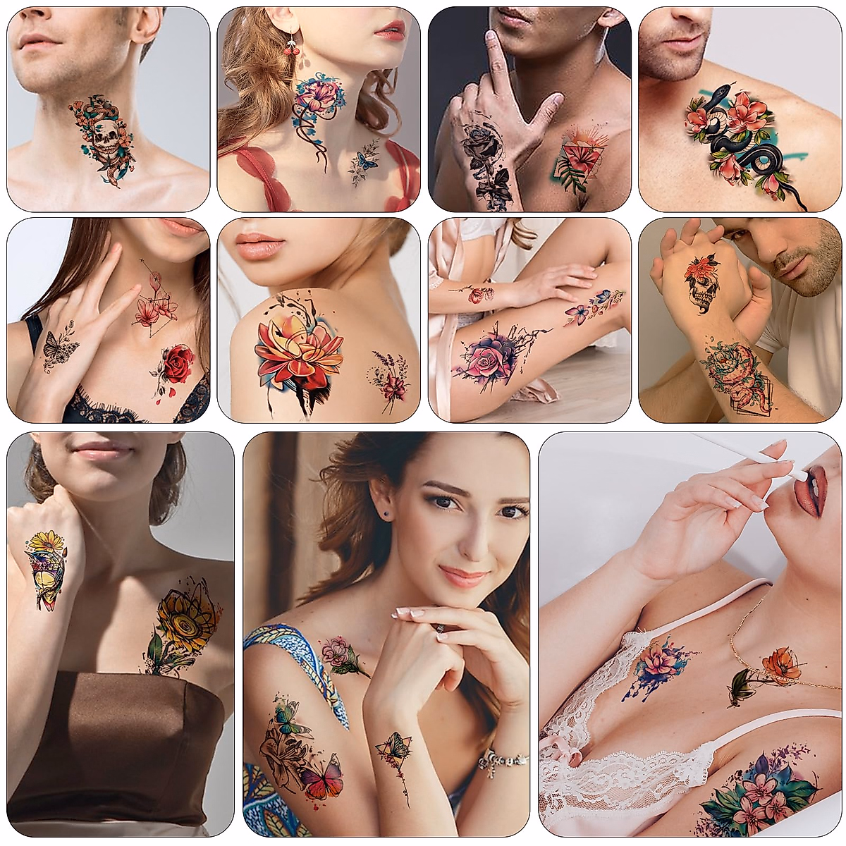 77 Sheets Flowers Temporary Tattoo, 17 Sheets Half Arm Rose Butterfly Snake Skull Fake Tattoos for Adults Arm Neck, 60 Sheets Tiny Realistic Temporary Tattoos Waterproof for Women Girls and Kids