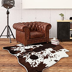 Kimicole Cute Cow Print Rug Faux Cowhide Rug, Upgraded Fluffy Animal Printed Area Rug for Living Room Bedroom Office Western Decor, Luxury Animal Print Carpet Non-Slip, Brown and White, 4.6ft x 5.2ft