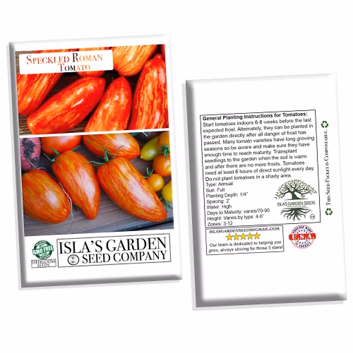 Speckled Roman Tomato Seeds for Planting, 100+ Heirloom Seeds Per Packet, (Isla's Garden Seeds), Non GMO Seeds, Botanical Name: Lycopersicon lycopersicum, Great Home Garden Gift