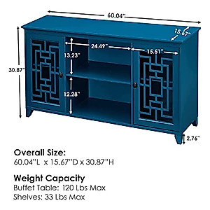 KIVENJAJA Buffet Cabinet with Storage, 60” Sideboard with 2 Glass Doors and Adjustable Shelves, Coffee Bar Table Credenza for Kitchen, Dining Room, Entryway, Living Room (Teal Blue)