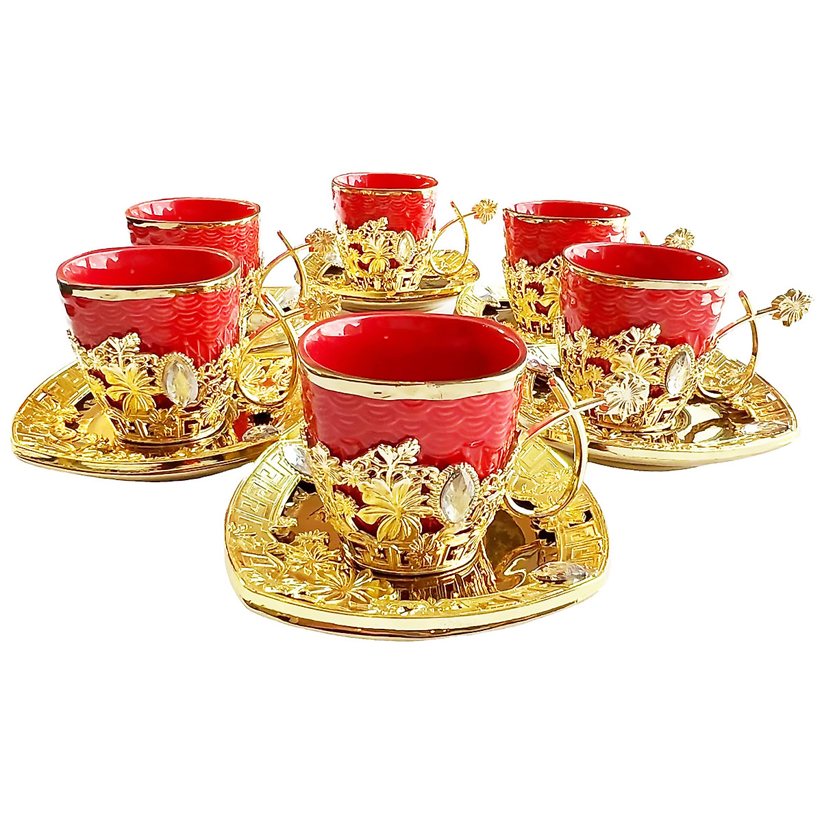 Chandler Turkish Coffee Set Espresso Greek Arabic Coffee Cup and Saucer 3 Fl oz with Gold Acrylic Gift Box Collection of 7 Colors and Designs (Red With Gold and White Gem)