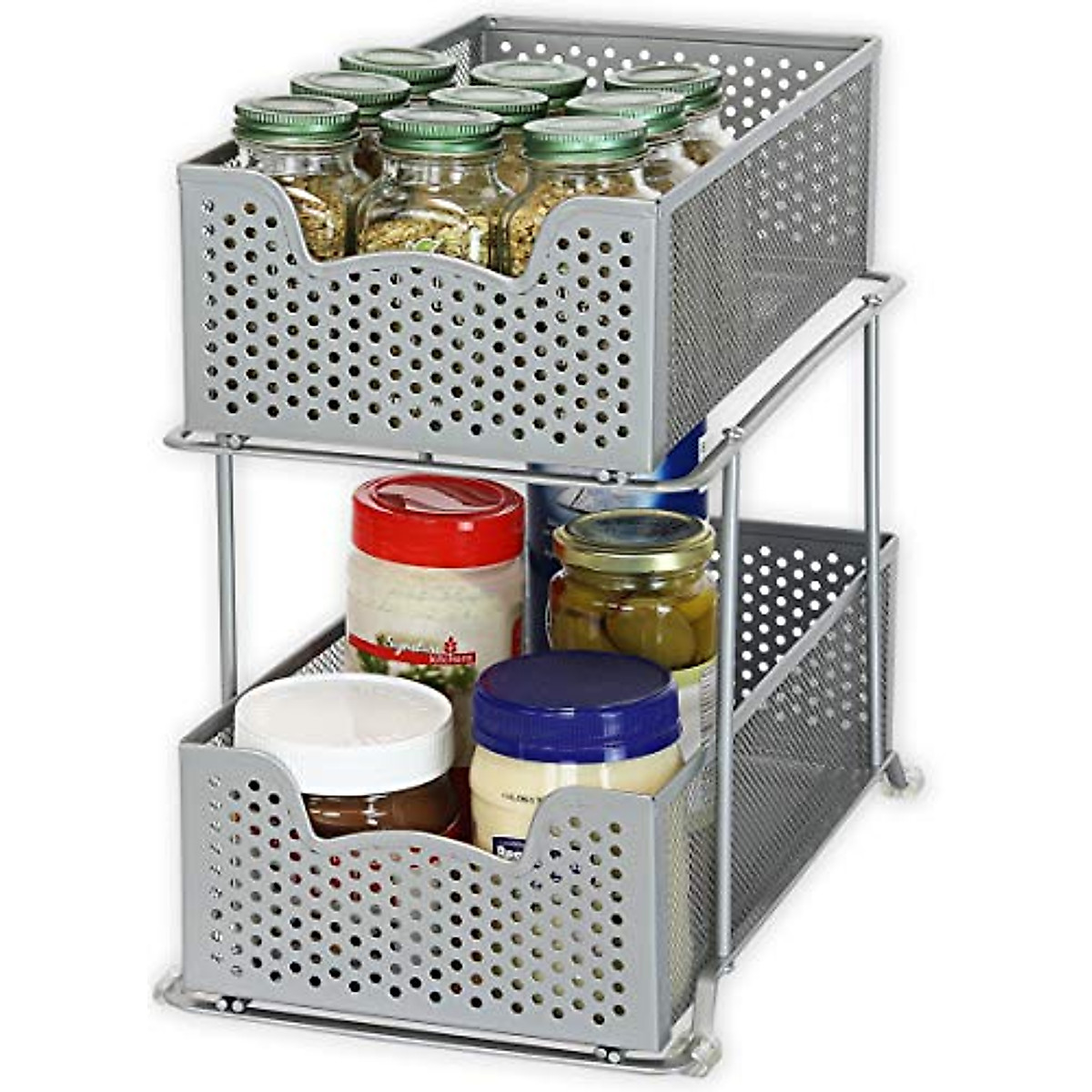 SimpleHouseware 2 Tier Sliding Cabinet Basket Organizer Drawer, Silver