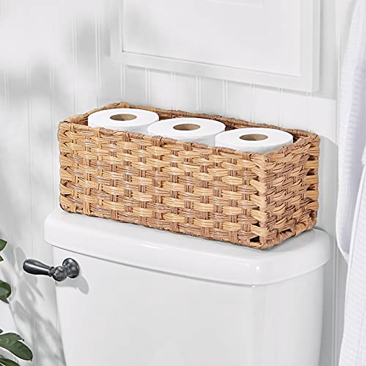 mDesign Rustic Farmhouse Woven Toilet Paper Holder Basket - Small Storage Organizer Tank Topper for Bathroom Counter or Top of Toilet - Holds 3 Rolls of Toilet Paper - Camel Brown