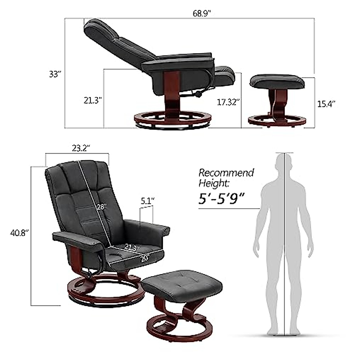mcombo Swivel Recliner with Ottoman, Multi-Position Leisure Office Chair with Adjustable Back, Faux Leather Ergonomic Lounge Chairs w/Footrest for Bedroom Living Room 9019 (Dark Grey)