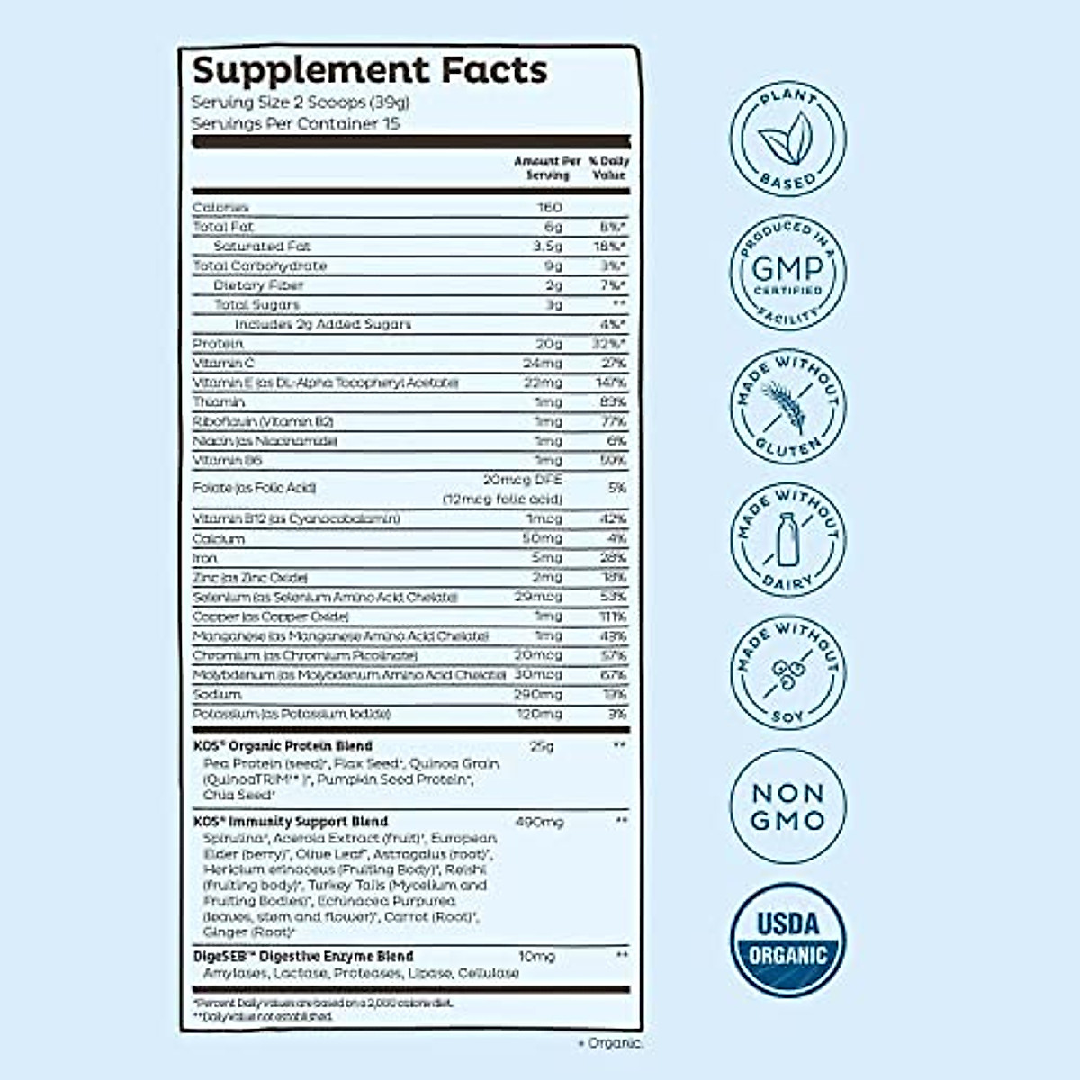 KOS Plant Based Protein Powder, No Erythritol, Blueberry Muffin - Organic Pea Protein Blend, Superfood with Spirulina & Immune Support Blend - Dairy Free, Meal Replacement for Women & Men, 15 Servings