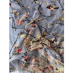 GERINLY Floral Birds Work Scarves for Womens Lightweight Cotton Shawls and Wraps Soft Thin Neckwear Head Scarf (Grey)