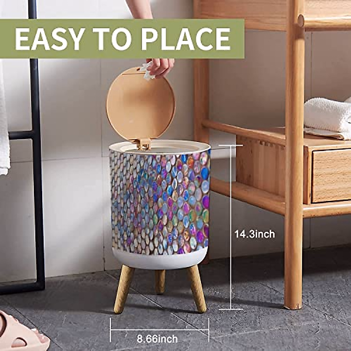 IBPNKFAZ89 Small Trash Can with Lid Round Purple Glass Garbage Bin Wood Waste Bin Press Cover Round Wastebasket for Bathroom Bedroom Kitchen 7L/1.8 Gallon