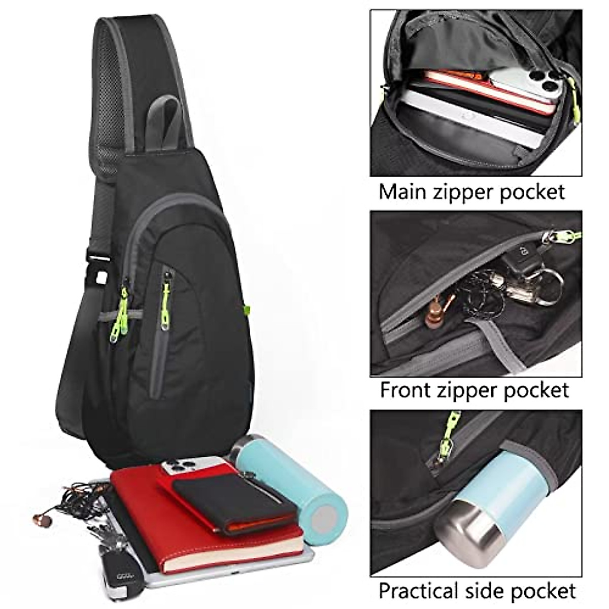 TITECOUGO Small Sling Bag Lightweight Crossbody Bag for Women Men Hiking Backpack Travel Shoulder Bag Chest Daypack for Gym Work Outdoor Sports Black