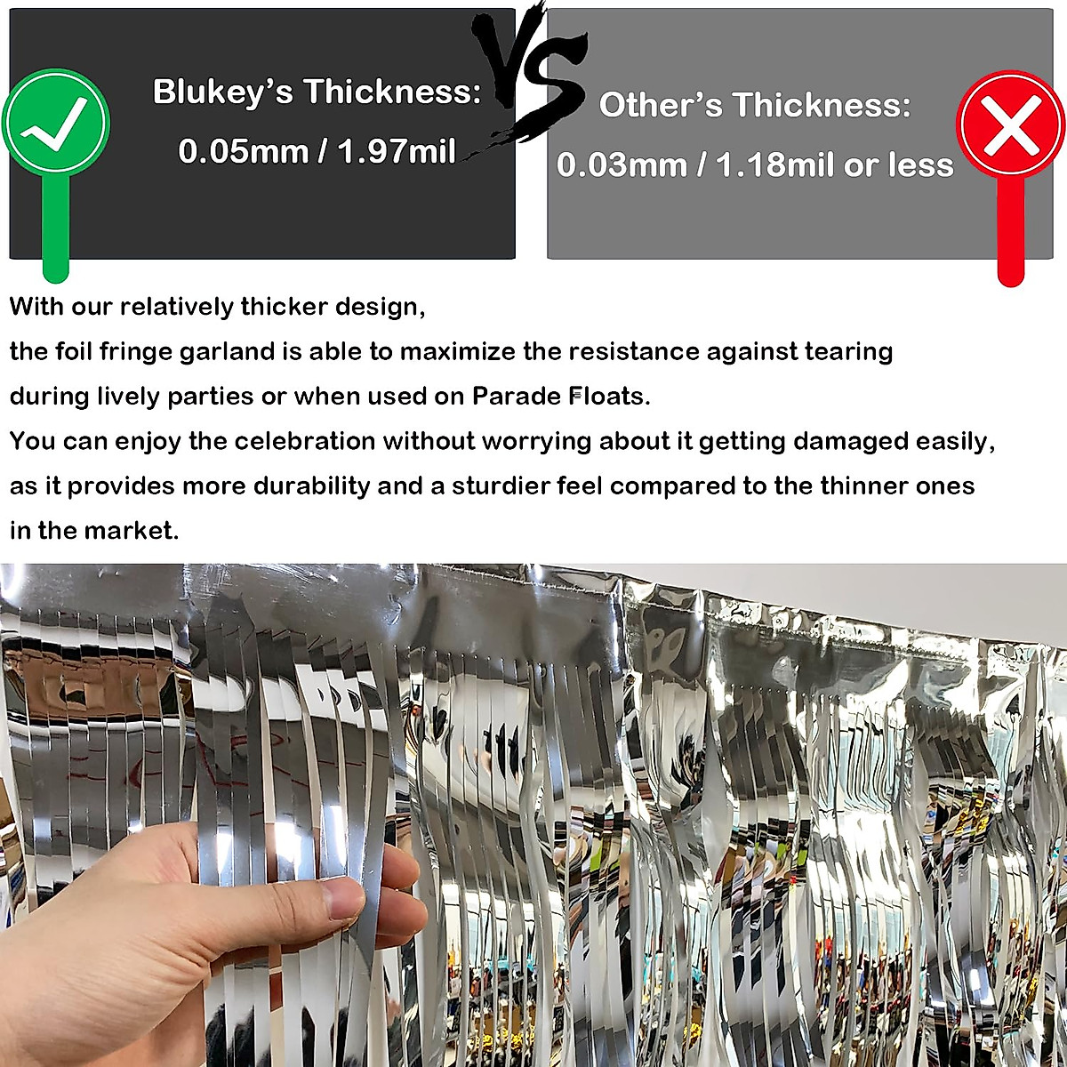 Blukey 10 Feet Long Roll Foil Fringe Garland - Pack of 3 | Shiny Metallic Tassle Banner | Ideal for Parade Floats, Bridal Shower, Wedding, Birthday | Wall Hanging Fringe Garland Banner (Silver)