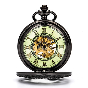 BOSHIYA Mechanical Pocket Watch Luminous Steampunk Vintage Pocket Watch/with Chains/Hand Wind Up/Black Skeleton/Dial Roman Numberals