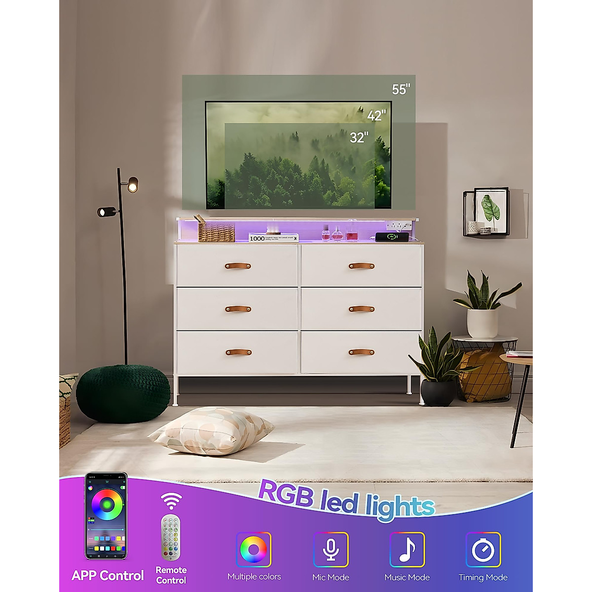 SANGMUCEN 47.2" W White Dresser for Bedroom with Charging Station and LED Lights, 6 Drawers Dresser with PU Finish, Wide Fabric Dressers for Closet, Bedroom, Hallway Entryway, Wood