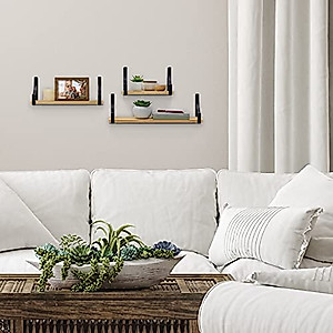 MELANNCO Floating Wall, Wood and Curve Metal Shelves, for Bedroom, Living Room, Kitchen, Nursery, Set of 3, Natural