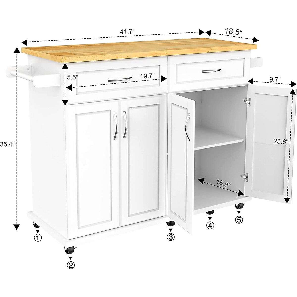 Pliwier Kitchen Island Cart on Wheels with Cabinet, Rubberwood Countertop, Lockable Casters, Adjustable Shelves, Kitchen Storage Islands for Dining Room, L48xW18xH36 Inches, Easy Assembly