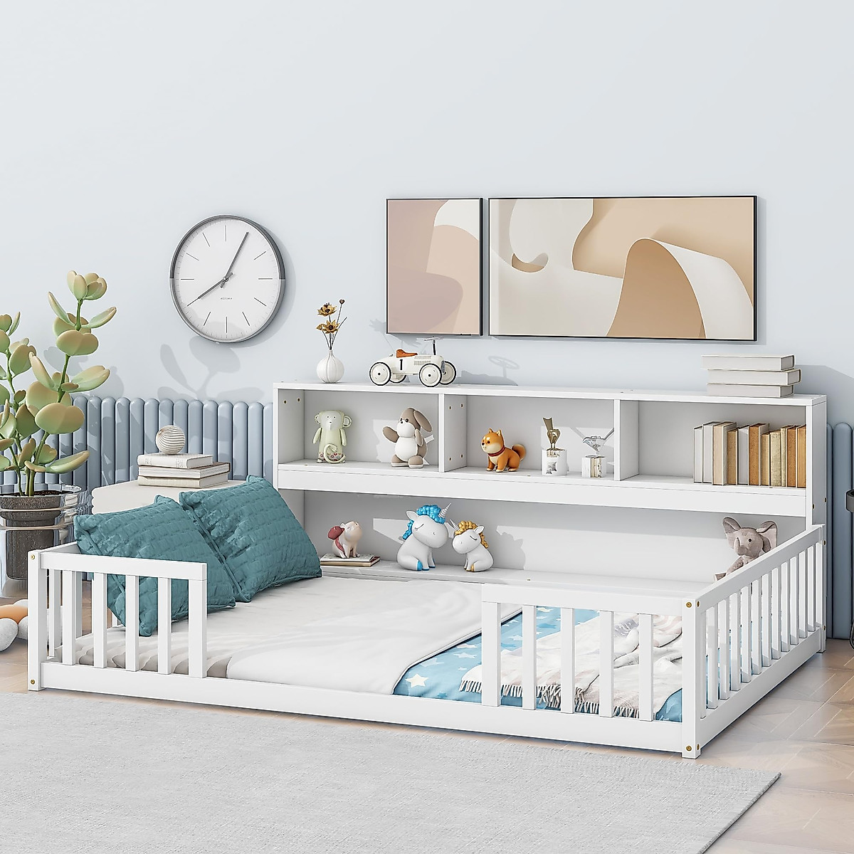 Full Size Bed Frame with Side Bookcase, Floor Bed Frame Full Size with Storage Shelves, Full Size Platform Bed Frame with Safety Guardrails, Montessori Bed Frame without Slats for Girls, Boys, White