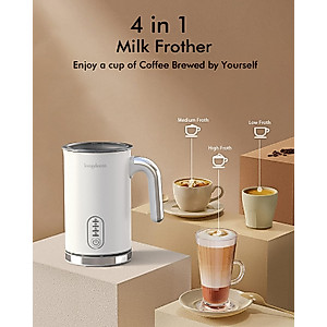 LONGDEEM Milk Frother, 4-in-1 Electric Milk Foamer with Cold & Hot Froth for Latte Cappuccino - Automatic Coffee Foam Maker, Stainless Steel, 10 oz/5 oz, Non-Stick Coating with Auto Shut-Off, White
