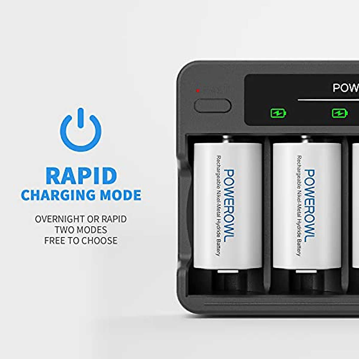 POWEROWL Rechargeable D Batteries with 4 Bay Battery Charger, USB Quick Charging, for AA AAA C D Ni-MH Ni-CD Rechargeable Batteries -4 Count