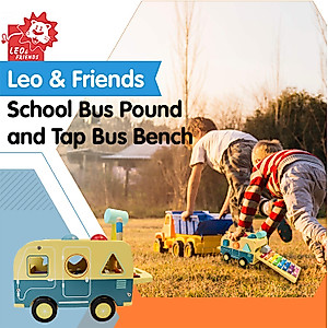 Leo & Friends School Bus Pound and Tap Bus Bench - Wooden Toy Bus with Slide Out Xylophone, Durable Musical Pounding Toy, 8 Colorful Blocks, 1 Hammer, and 1 Rainbow Xylophone, Perfect Educational Gift