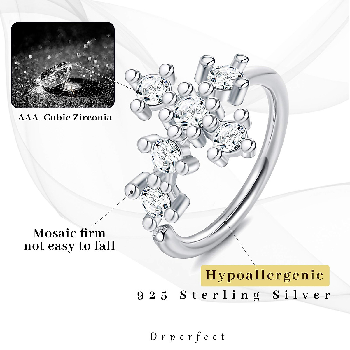 Drperfect 3 Pcs 925 Sterling Silver Pin Nose Ring Hoop, 20G Cubic Zirconia Cute Nose Ring Gold Silver Plated Cartilage Earrings Nose Piercing Jewelry for Women