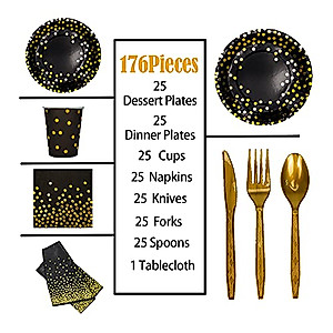 176 Pieces Gold Disposable Party Dinnerware Set &Golden Dot Disposable Party Dinnerware - Black Paper Plates Napkins Cups, Gold Plastic Forks Knives Spoons (25 Guests,176 Pieces)