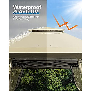 Quictent 11’x11’ Pop up Gazebo Canopy Tent with Mosquito Netting, One Person Setup Vented Outdoor Instant Screened House Tent Shelter with 4 Sand Bags, Khaki