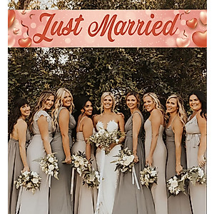 Just Married Large Banner, Wedding, Bridal Shower Porch Sign Lawn Sign, Rustic Wedding Reception Decorations, Indoor Outdoor Backdrop 8.9 x 1.6 Feet