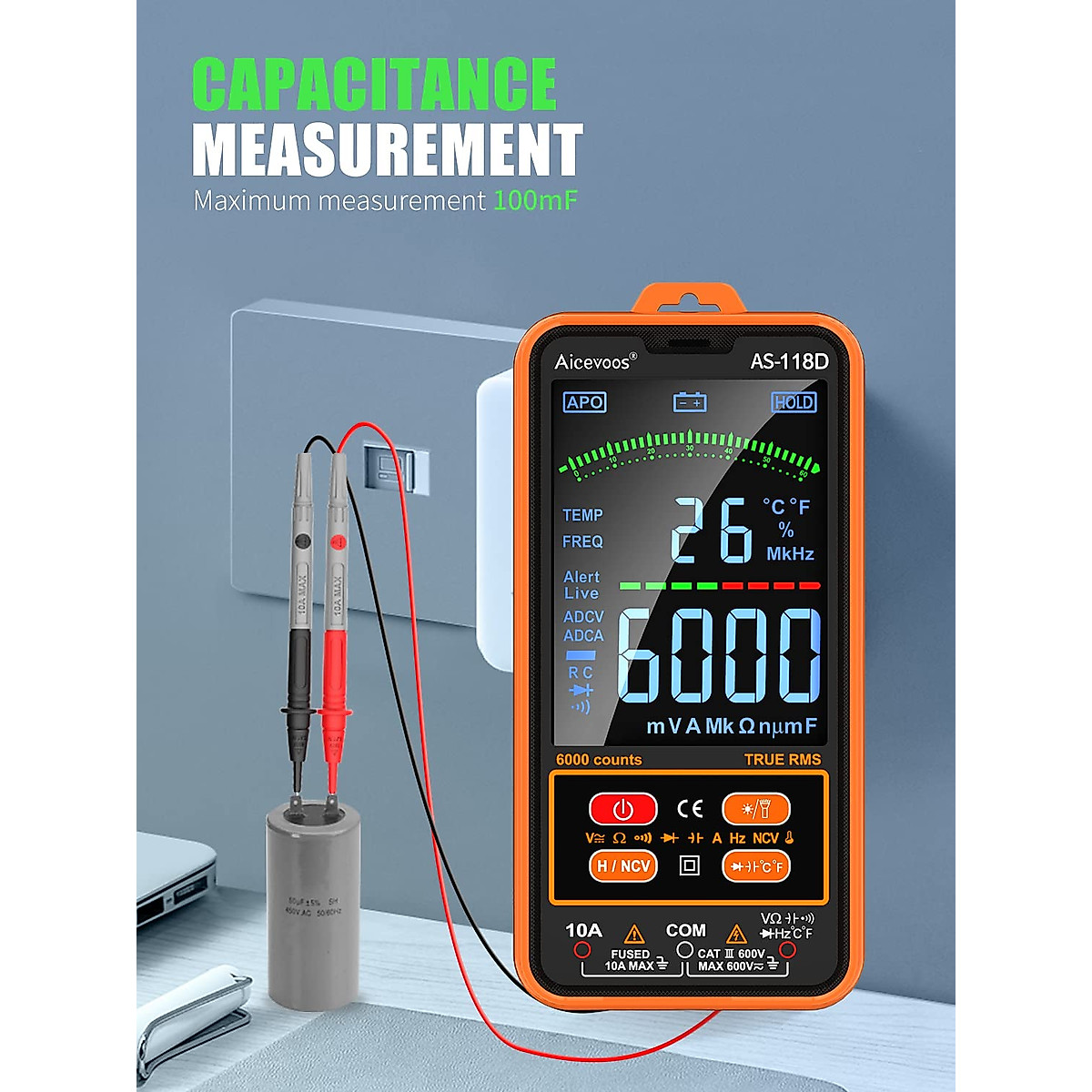 Aicevoos AS-118D Smart Digital Multimeter Auto-Ranging Voltmeter Electrical Tester Measures Voltage Current Capacitance Resistance Continuity Duty-Cycle Temperature Frequency