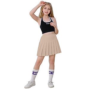 SHOOYING Women's Pleated Short Skirt High Waist Tennis Plain A-line Mini School Uniform Short Skirt with Lining Shorts, Light Khaki, US Size M