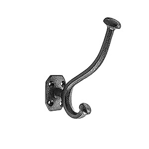 Renovators Supply Manufacturing Black Wrought Iron Robe and Coat Double Hooks 5 Inches Long Rustic Entry Way Hat or Jacket Hanger Wall Mount Including Complete Mounting Hardware
