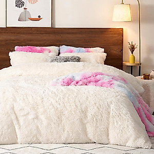 PHF Shaggy Fluffy Faux Fur Duvet Cover Set King Size,Luxury Warm Plush Comforter Cover for Winter Fall,3PCS Soft Lightweight Velvet Cozy Bedding Set with Furry Pillowcases,Aesthetic Room Decor,Cream