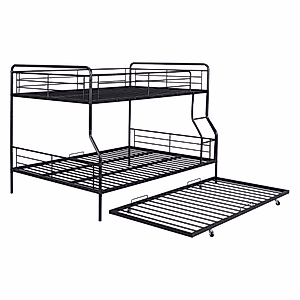 Full XL Over Queen Bunk Bed for Kids, Heavy Duty Bunk Bed Full Over Queen with Twin Size Trundle, Ladder and Safety Guardrail for Boys Girls, Easy Assemble (Black)