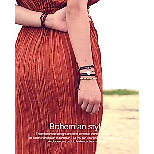 Mezcla Vida Bohemian Wave Coin Charms Black Beaded Handmade Braided Rope Surfing Woven Bracelets Sets For Women Teen Girls, Beach String Jewelry (BLACK)