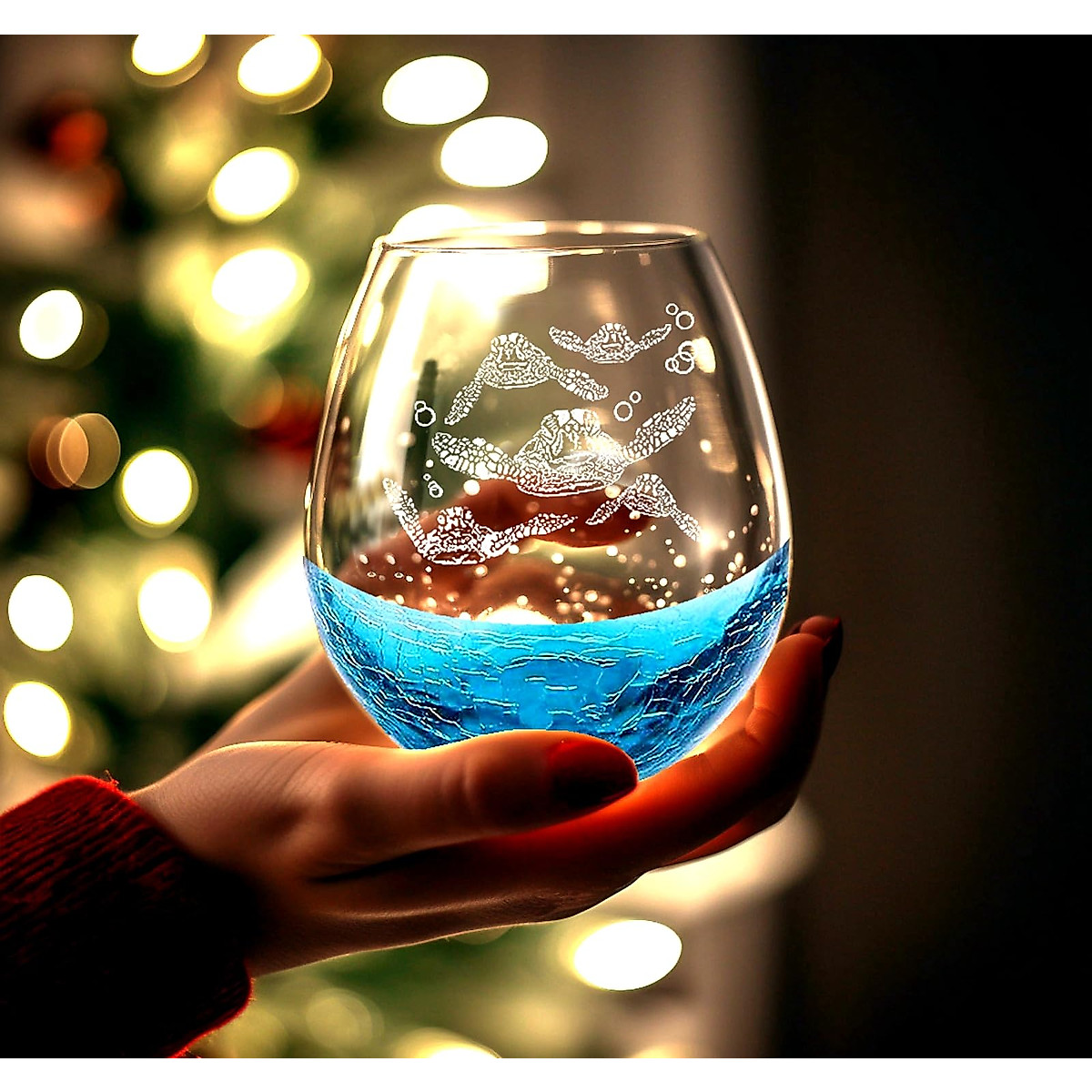 Deeply Etched Sea Turtles Family Handmade Engraved Crackle Turquoise Beach Wine Glass, Valentines Day Gifts Idea 2024