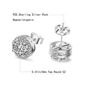 Silver Cubic Zirconia Stud Earrings - 925 Sterling Silver Crystal Round Diamond Rhinestone CZ Halo Studs Earrings for Women Men Everyday Earrings