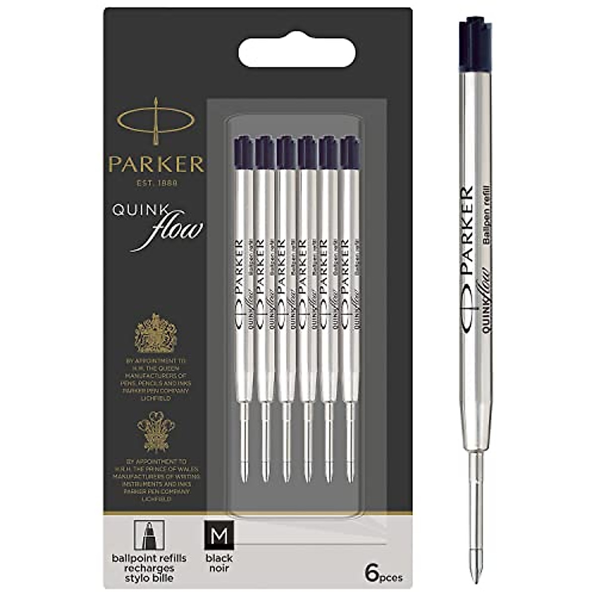 PARKER QUINKflow Ballpoint Pen Ink Refills, Medium Tip, Black, 6 Count Value Pack