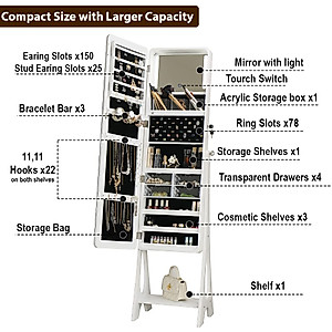 MASMIRE Standing Mirror With Jewelry Storage And Built-In Small Mirror - 63" H Lockable Full Length Mirror Jewelry Armoire, Mirror Jewelry Cabinet With 4 Drawers and Storage Shelf - White